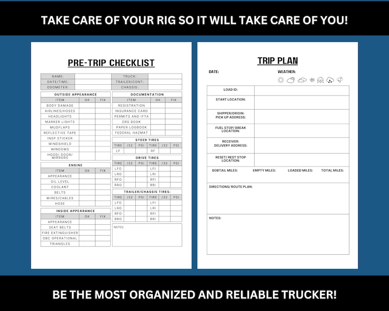 Printable Trucking Pre-trip Checklist and Trip Planning Sheet for Truck ...