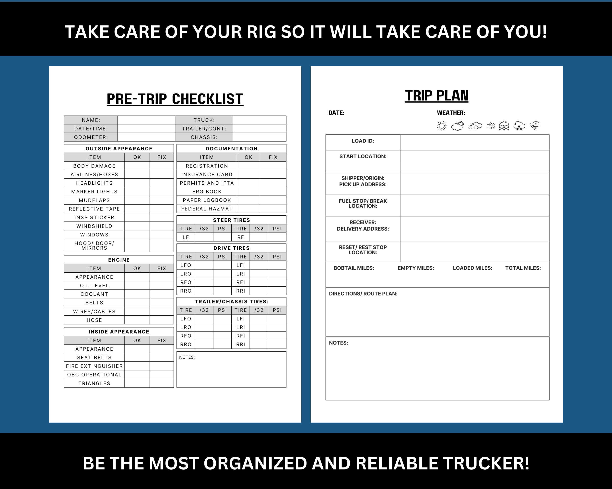 Printable Trucking Pre-trip Checklist and Trip Planning Sheet for Truck ...