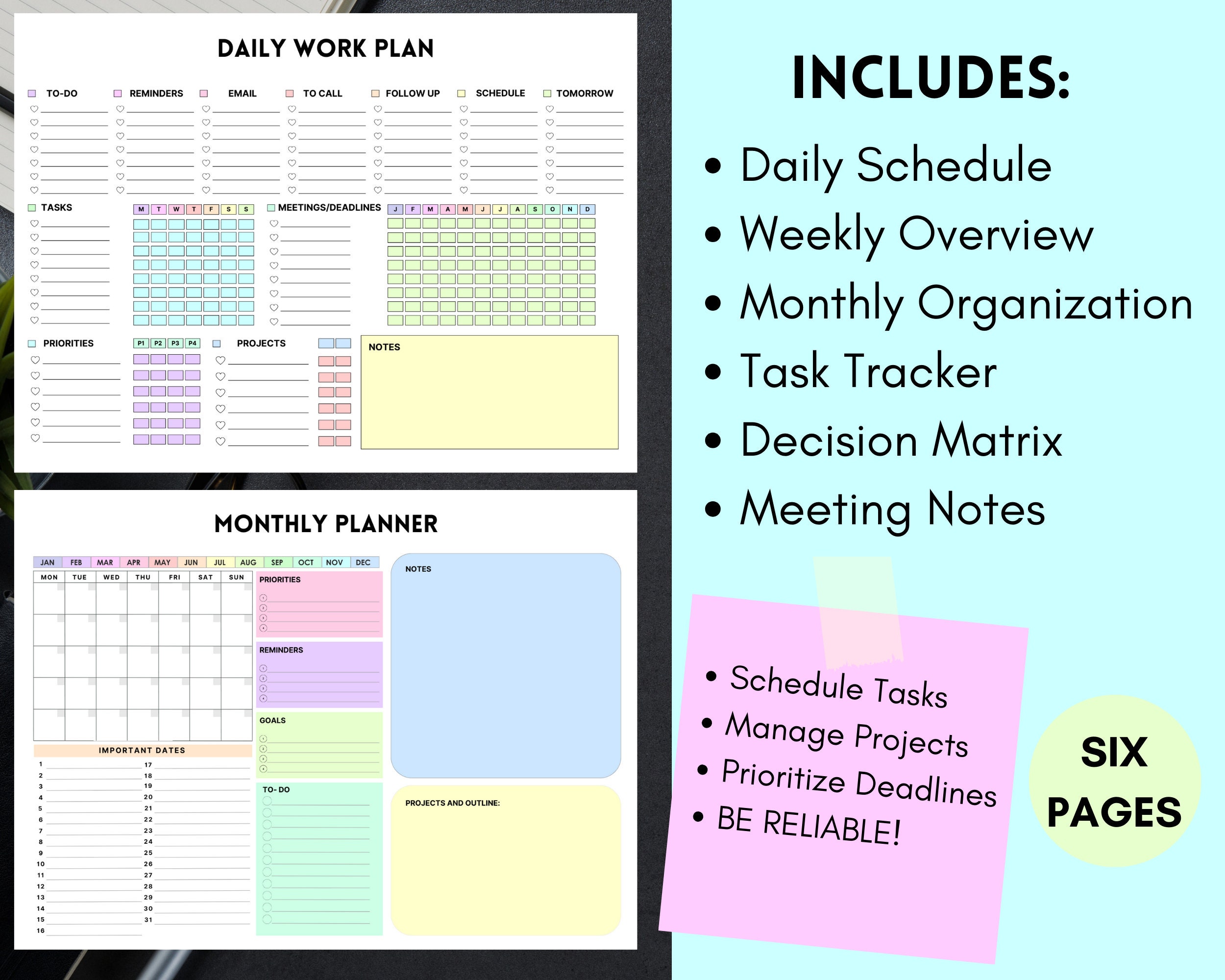 Printable Project Planner Work Day Organizer Work Planner Project ...