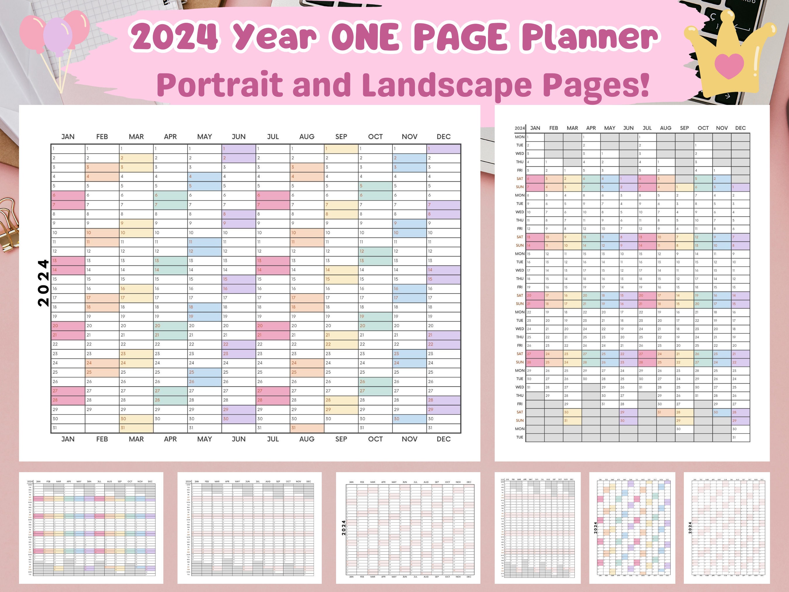 Printable 2024 Yearly Calendar Annual Planner Template BUNDLE Year at a ...