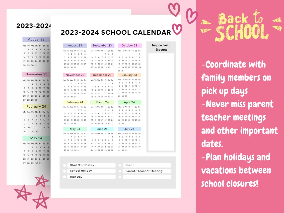 Back to School Calendar Printable School Day Calendar Template for PTO ...