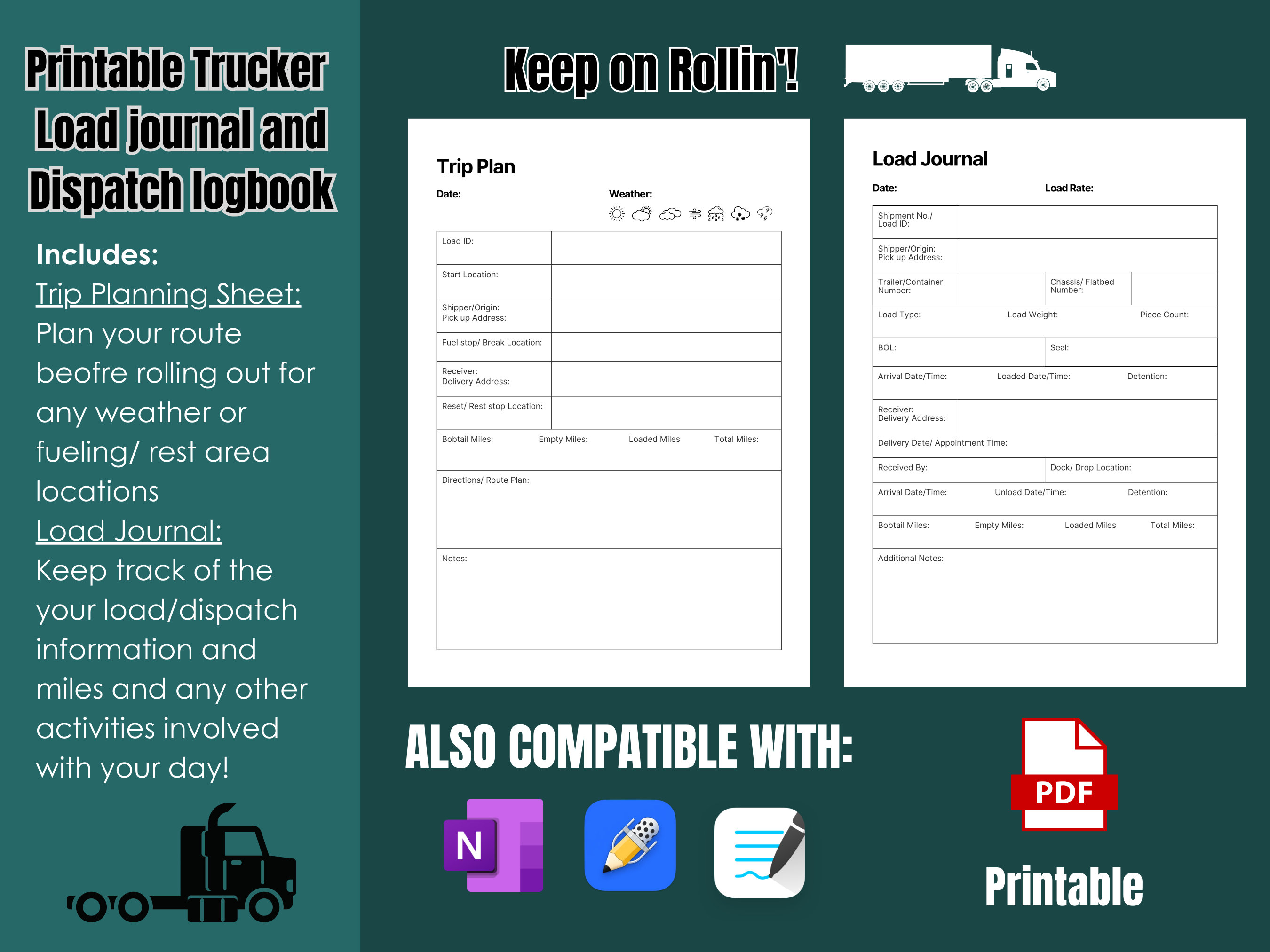Trucking Dispatch Journal and Load Logbook Printable Mileage Tracker for Truckers Company Truck ...