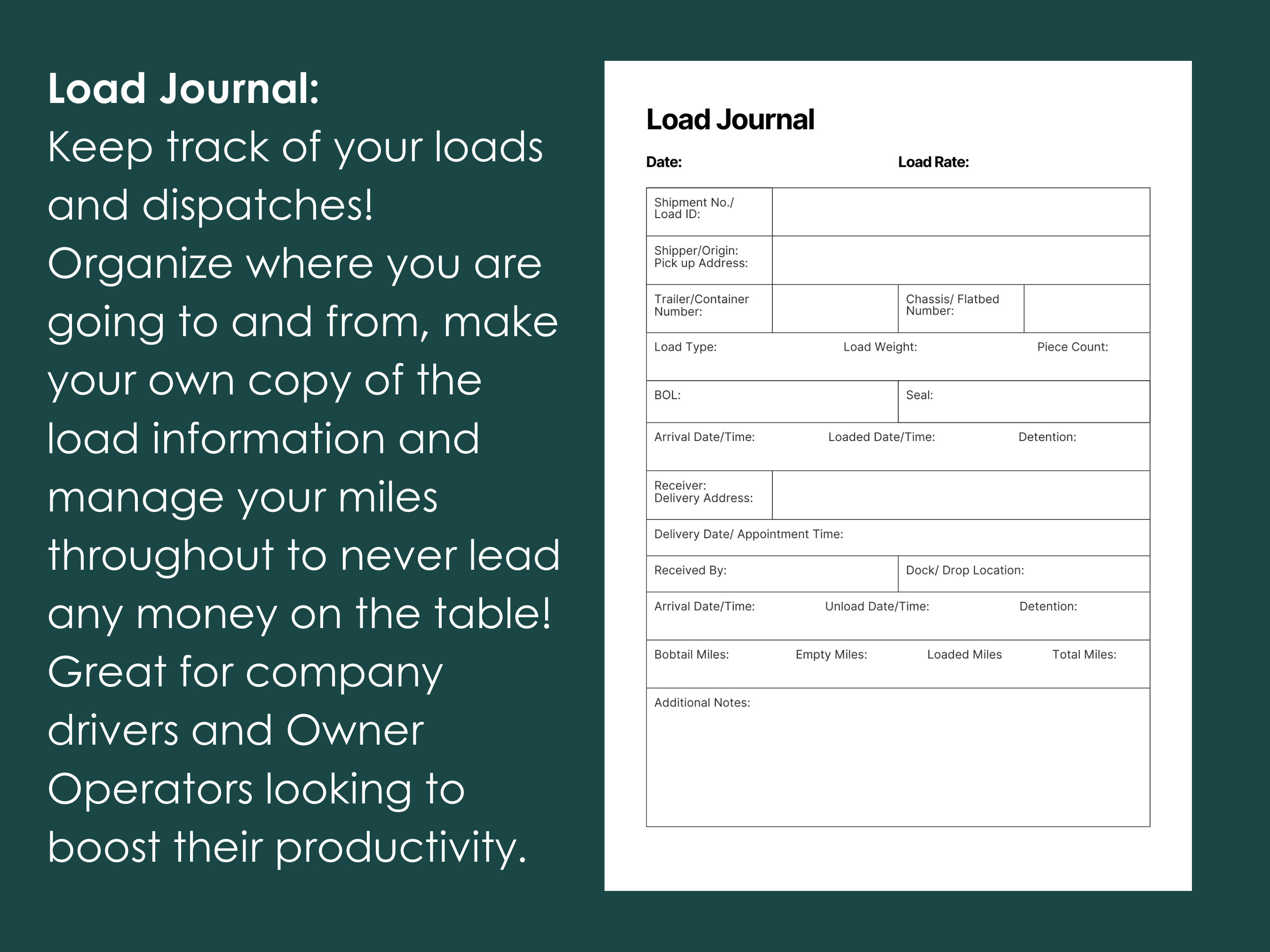 Trucking Dispatch Journal and Load Logbook Printable Mileage Tracker ...