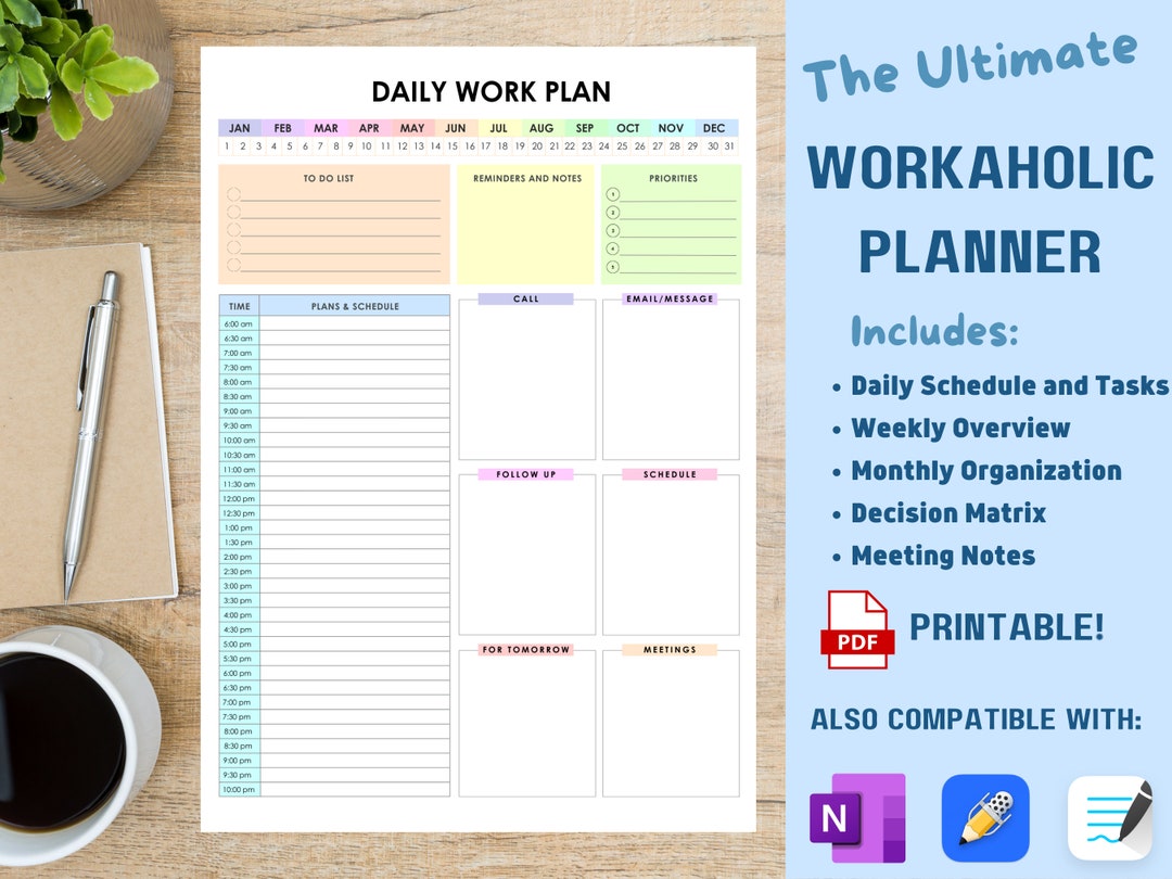 Work Planner Office Task Tracker Printable Work Day Organizer and to Do ...