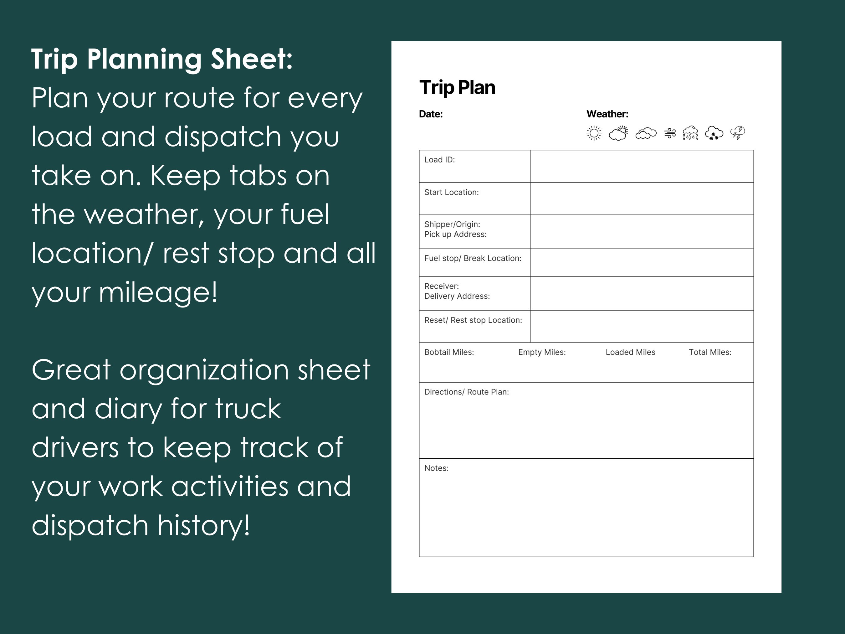 Trucking Dispatch Journal and Load Logbook Printable Mileage Tracker ...