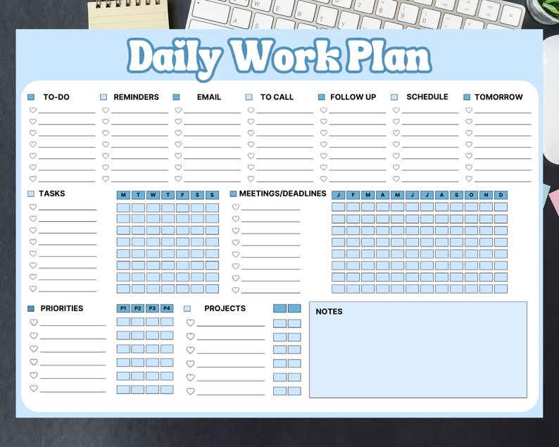 Blue Work Planner Office Task Tracker Printable Work Day Organizer and ...
