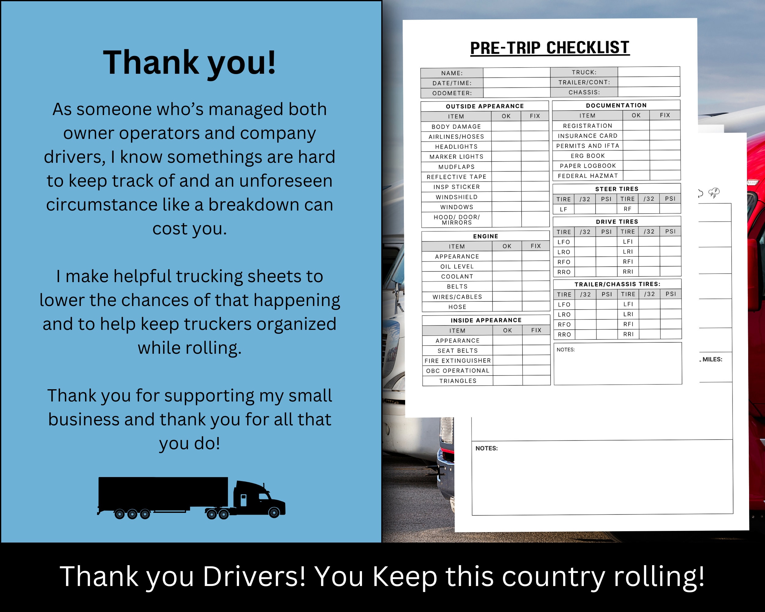 Printable Trucking Pre-trip Checklist and Trip Planning Sheet for Truck ...