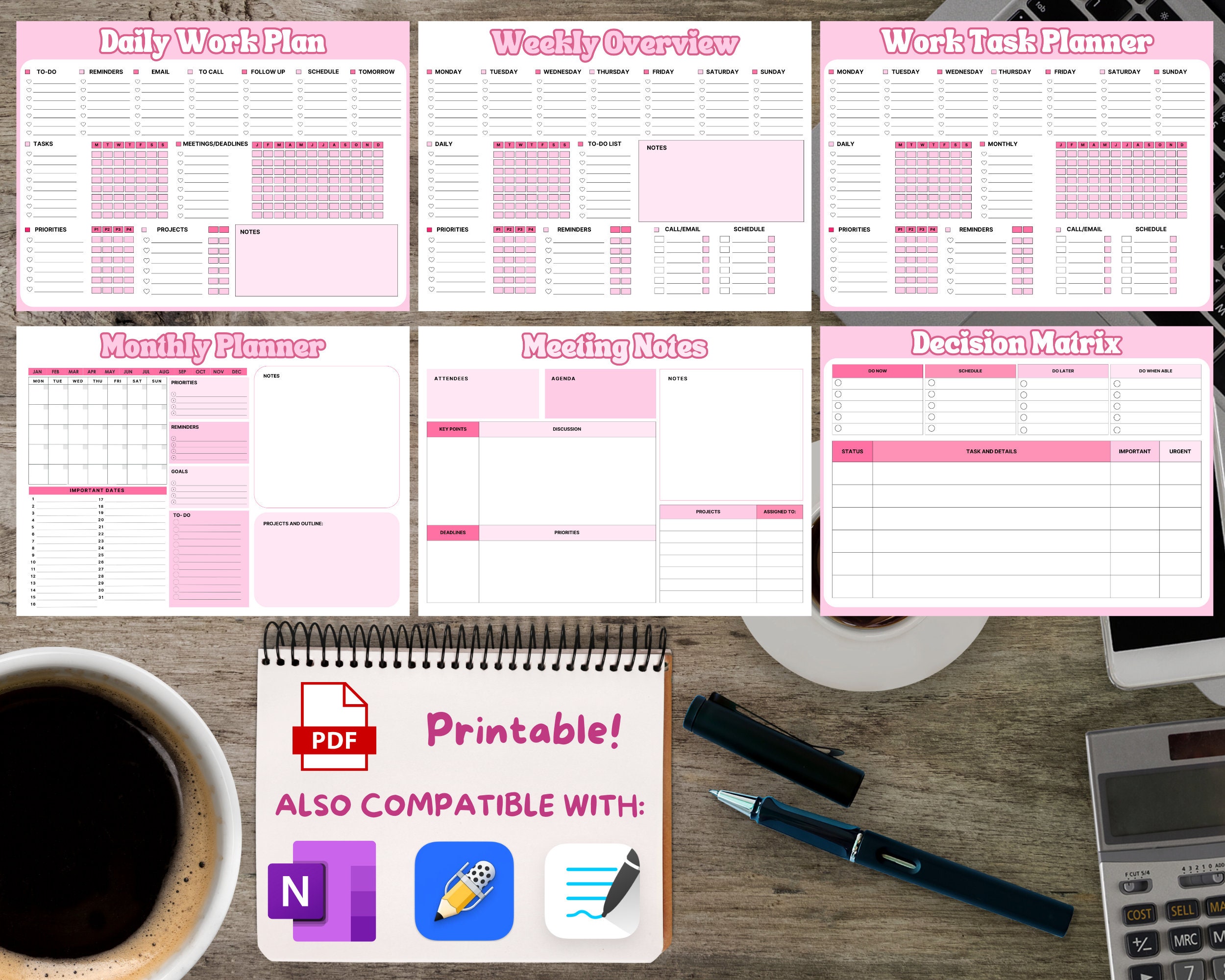 Pink Work Planner! Office Task Tracker Printable Work Day Organizer and ...