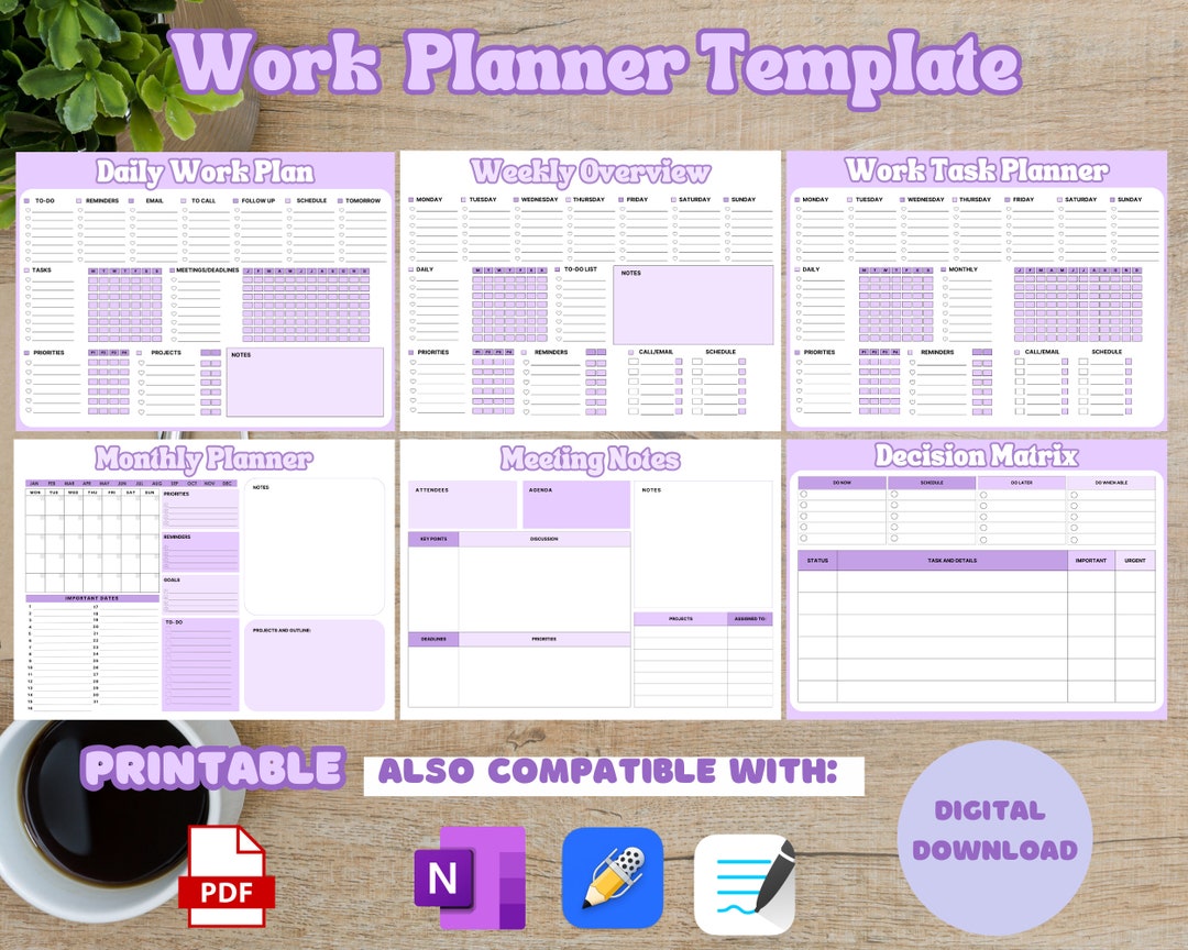 Purple Work Planner Office Task Tracker Printable Work Day Organizer ...