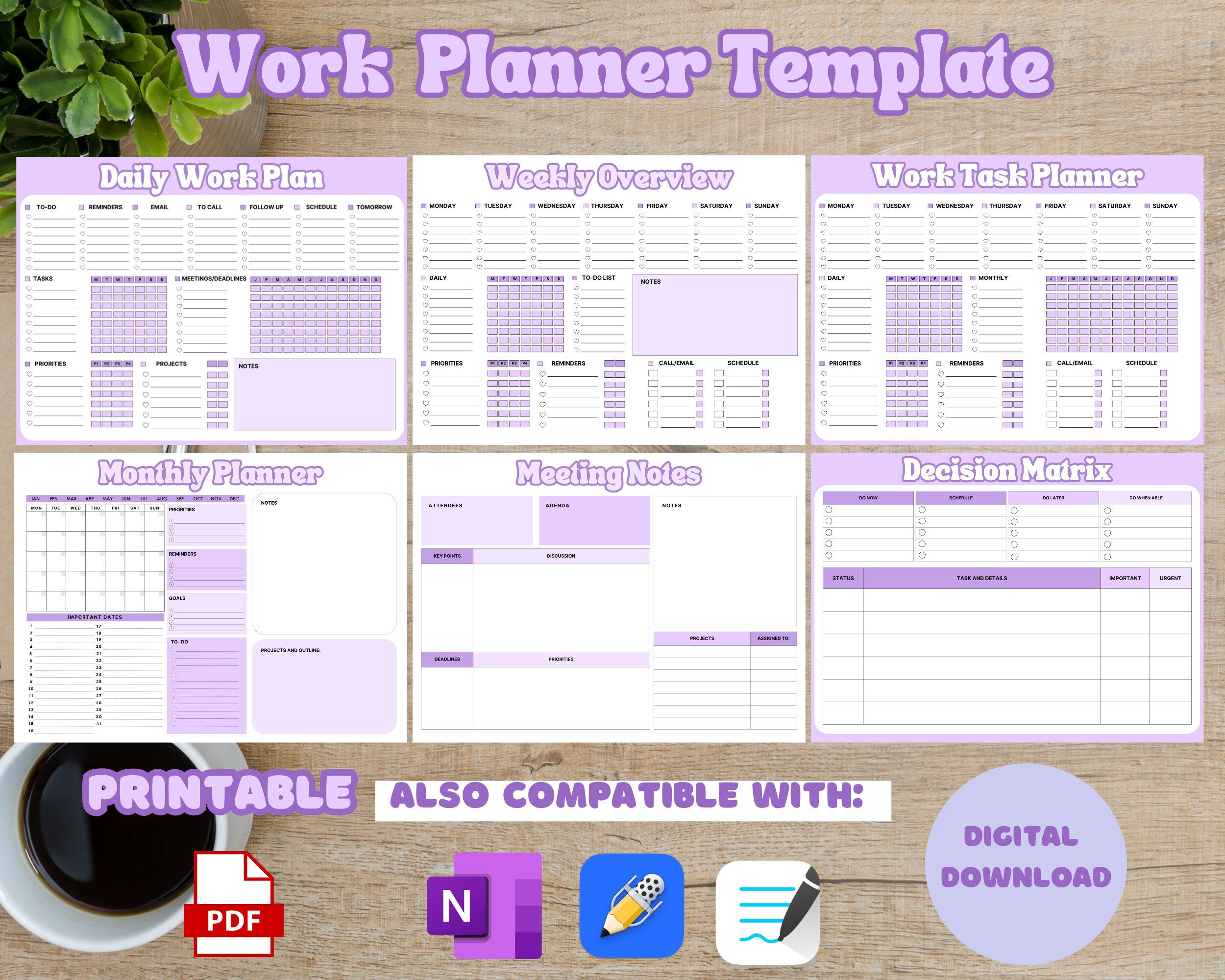 Purple Work Planner Office Task Tracker Printable Work Day Organizer ...