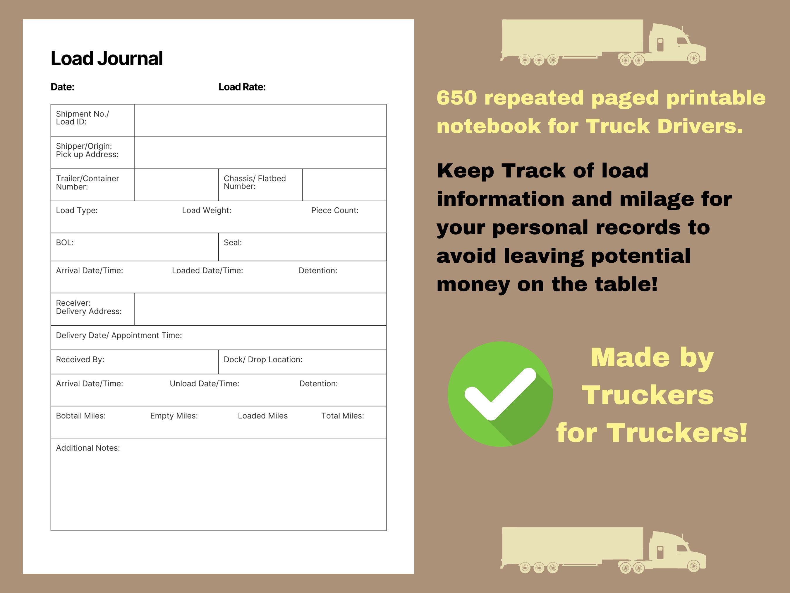 Load Log Book and Dispatch Journal Trucker Notebook Mileage Tracker for ...