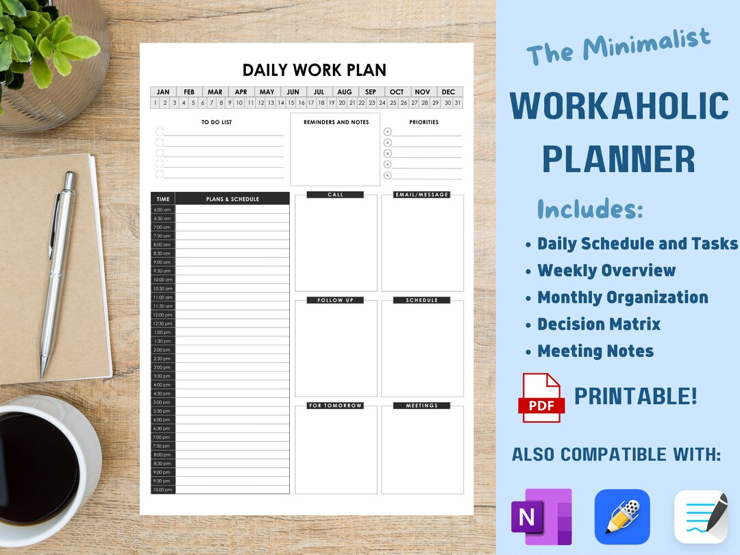 Work Planner Office Task Tracker Printable Work Day Organizer and to Do ...