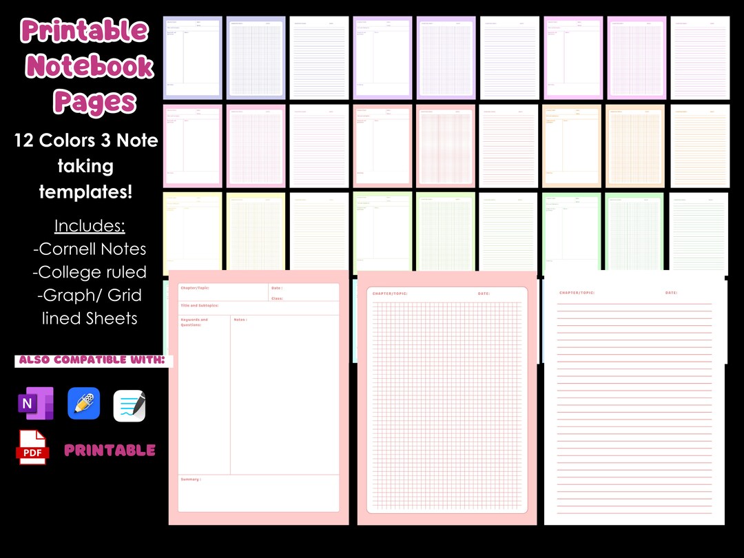 Note Taking Templates, Printable Paper, Student Notebook Pages, Digital ...