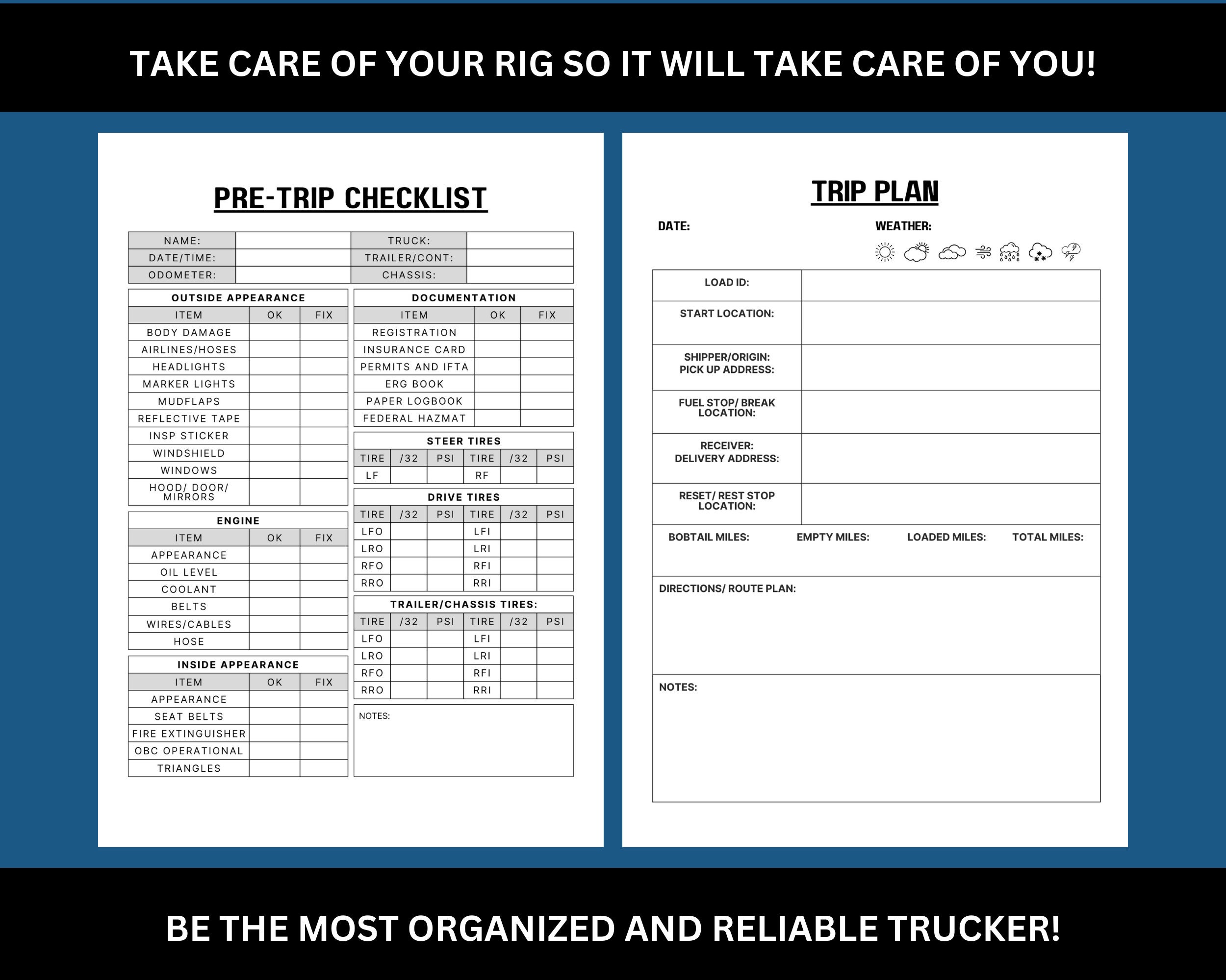 Printable Trucking Pre-trip Checklist and Trip Planning Sheet for Truck ...