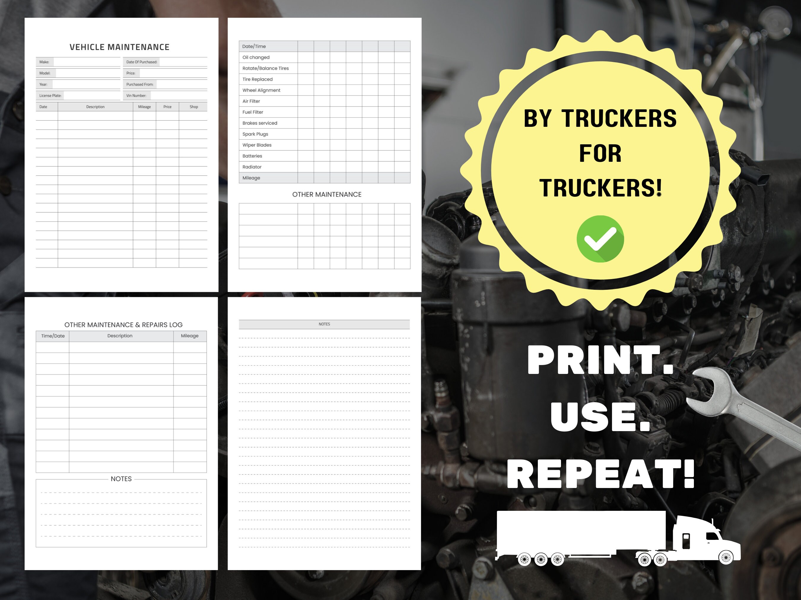 Semi Truck Maintenance Repair Logs for Truck Drivers Owner Operators ...
