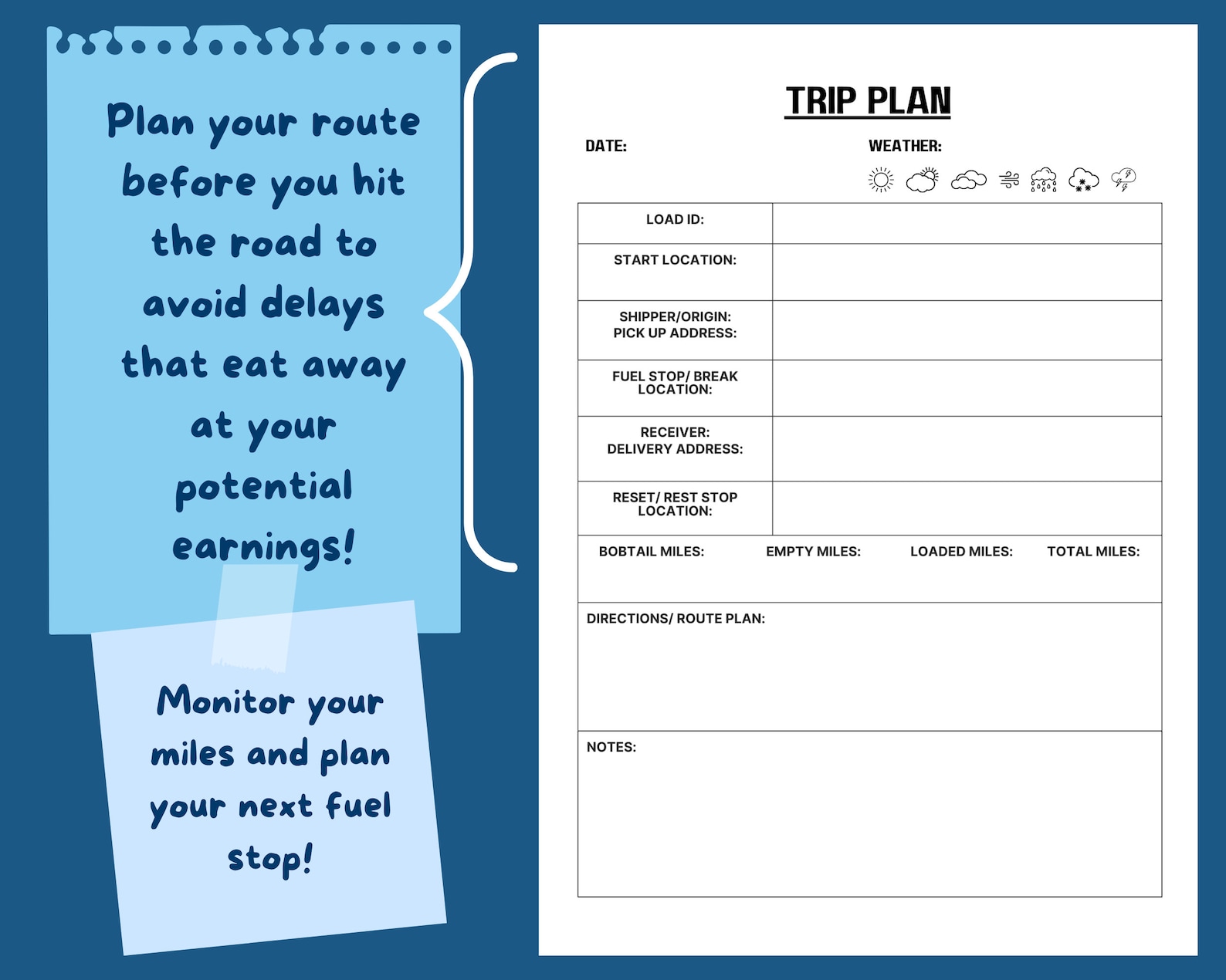 Printable Trucking Pre-trip Checklist and Trip Planning Sheet for Truck ...