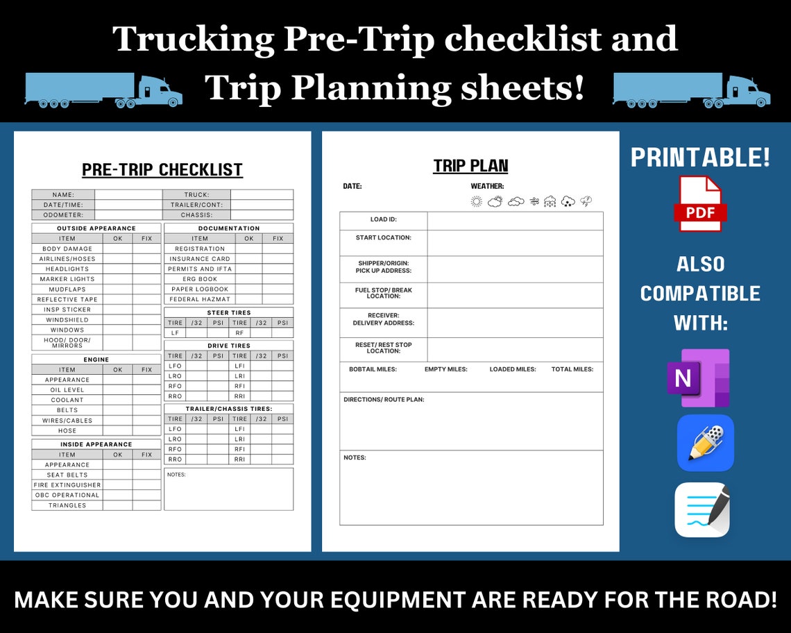 Printable Trucking Pre-trip Checklist and Trip Planning Sheet for Truck ...