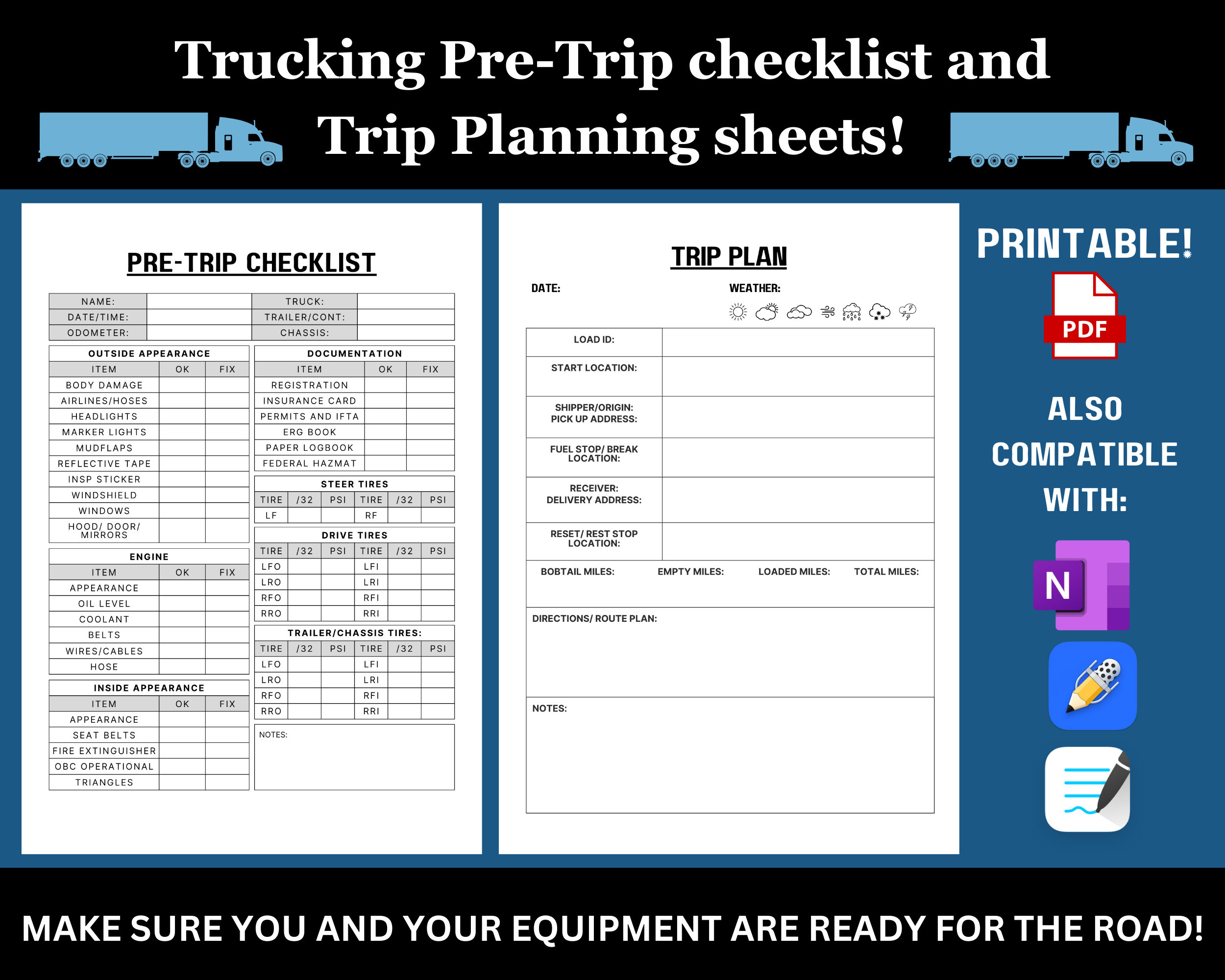 Printable Trucking Pre-trip Checklist and Trip Planning Sheet for Truck ...