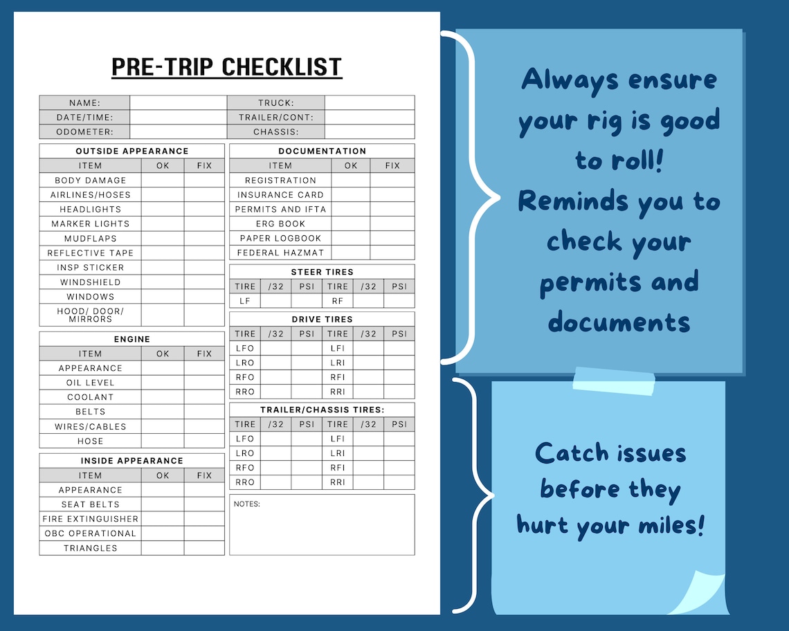 Printable Trucking Pre-trip Checklist and Trip Planning Sheet for Truck Drivers! Owner Operator ...