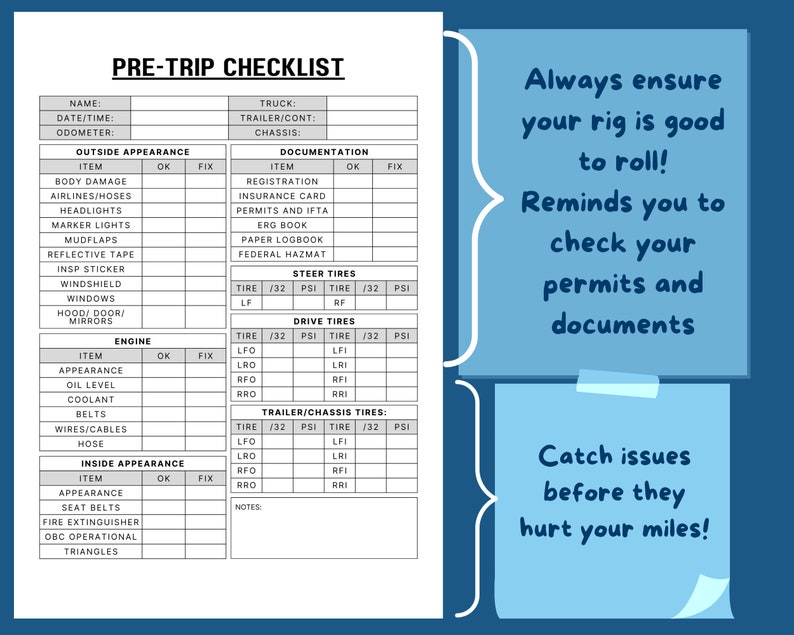 Printable Trucking Pre-trip Checklist and Trip Planning Sheet for Truck ...