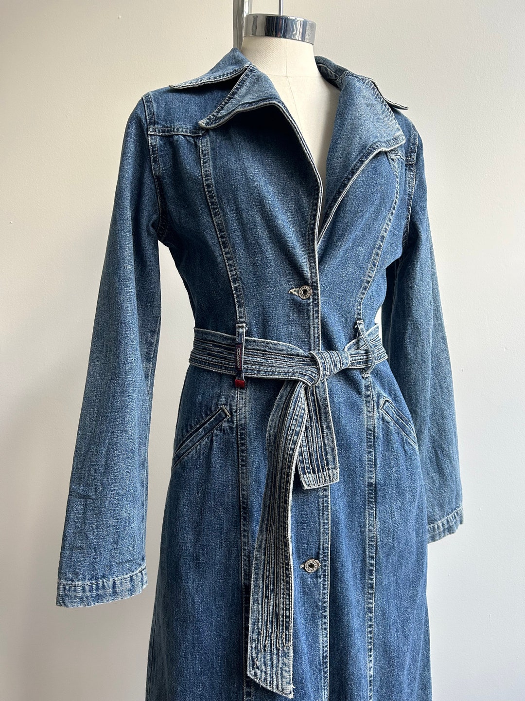 1990s GUESS Long Denim Duster Jacket With Belt Small - Etsy