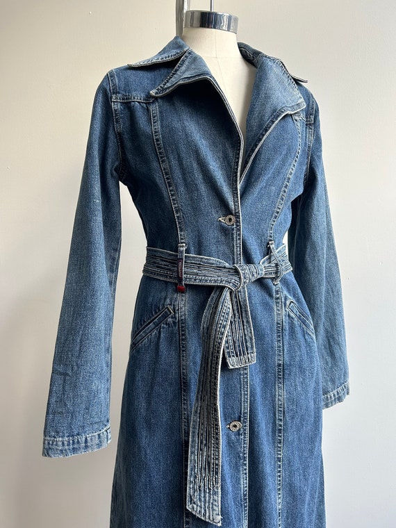 1990s GUESS Long Denim Duster Jacket with Belt Small - Gem