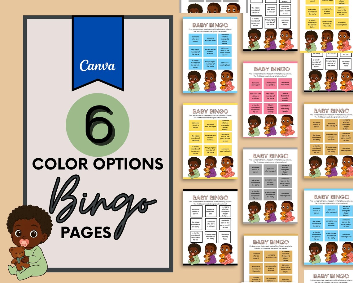 Baby Shower Game Bingo for African American Baby Printable Bingo Game ...