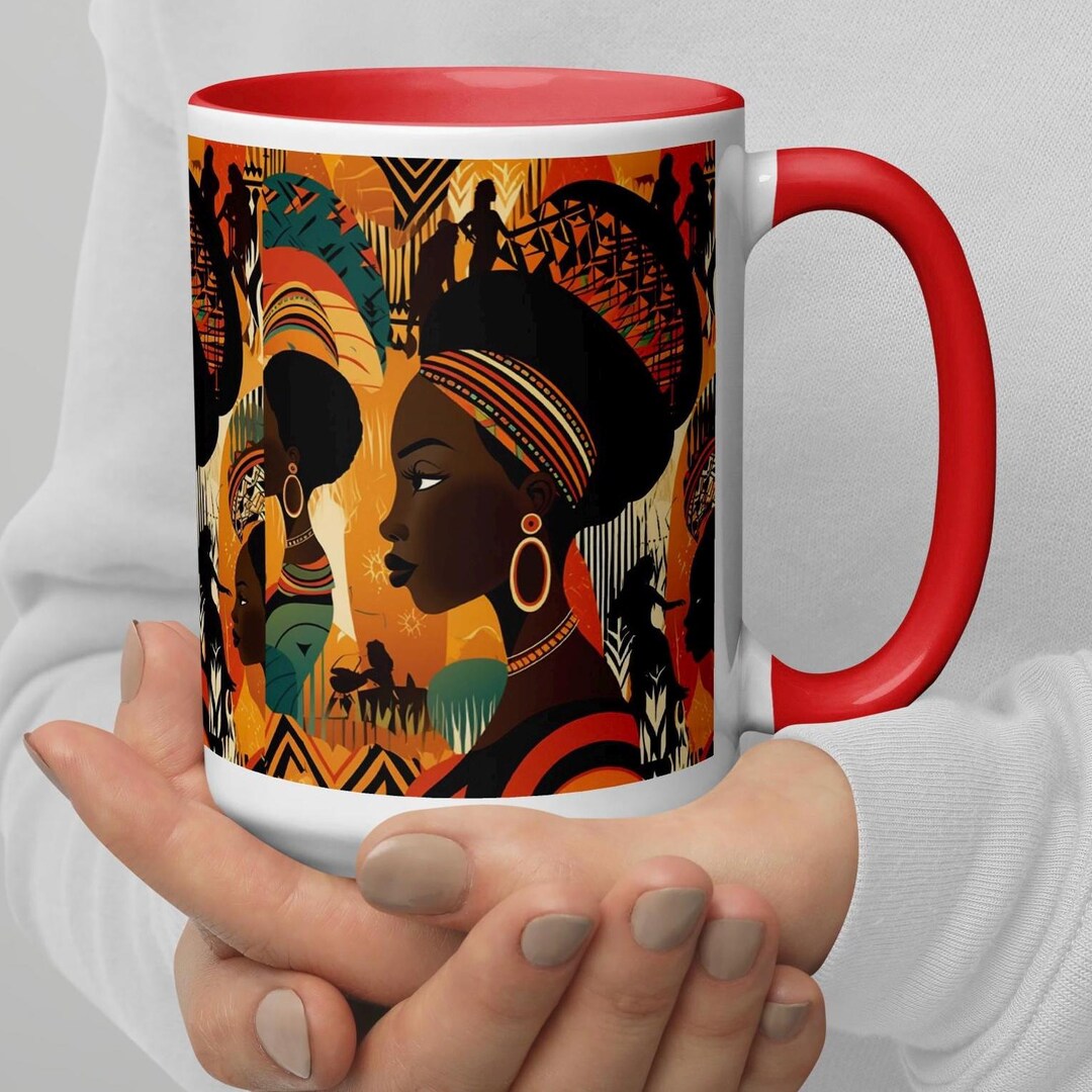 African Woman Mug, Orange Ethnic Ceramic Coffee Mug, Personalized Gift ...