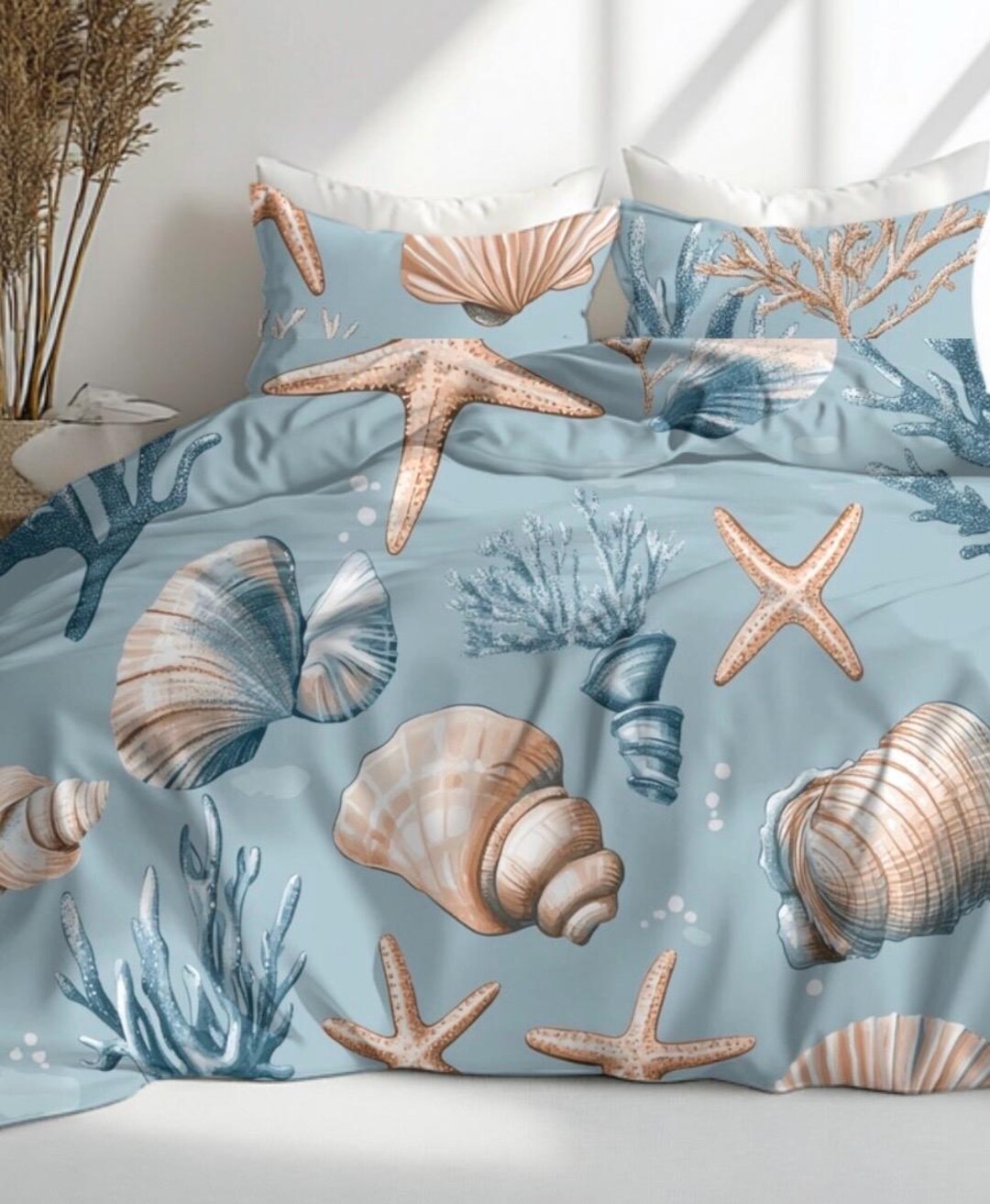 Coastal Theme Bedding Set Sea Shell Design Nautical Beach House Decor ...