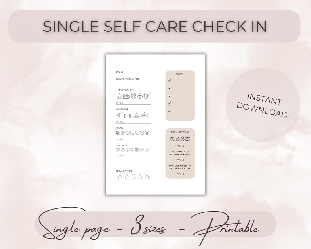Single Self Care Check in Sheet for Daily Use. Includes Mindfulness ...