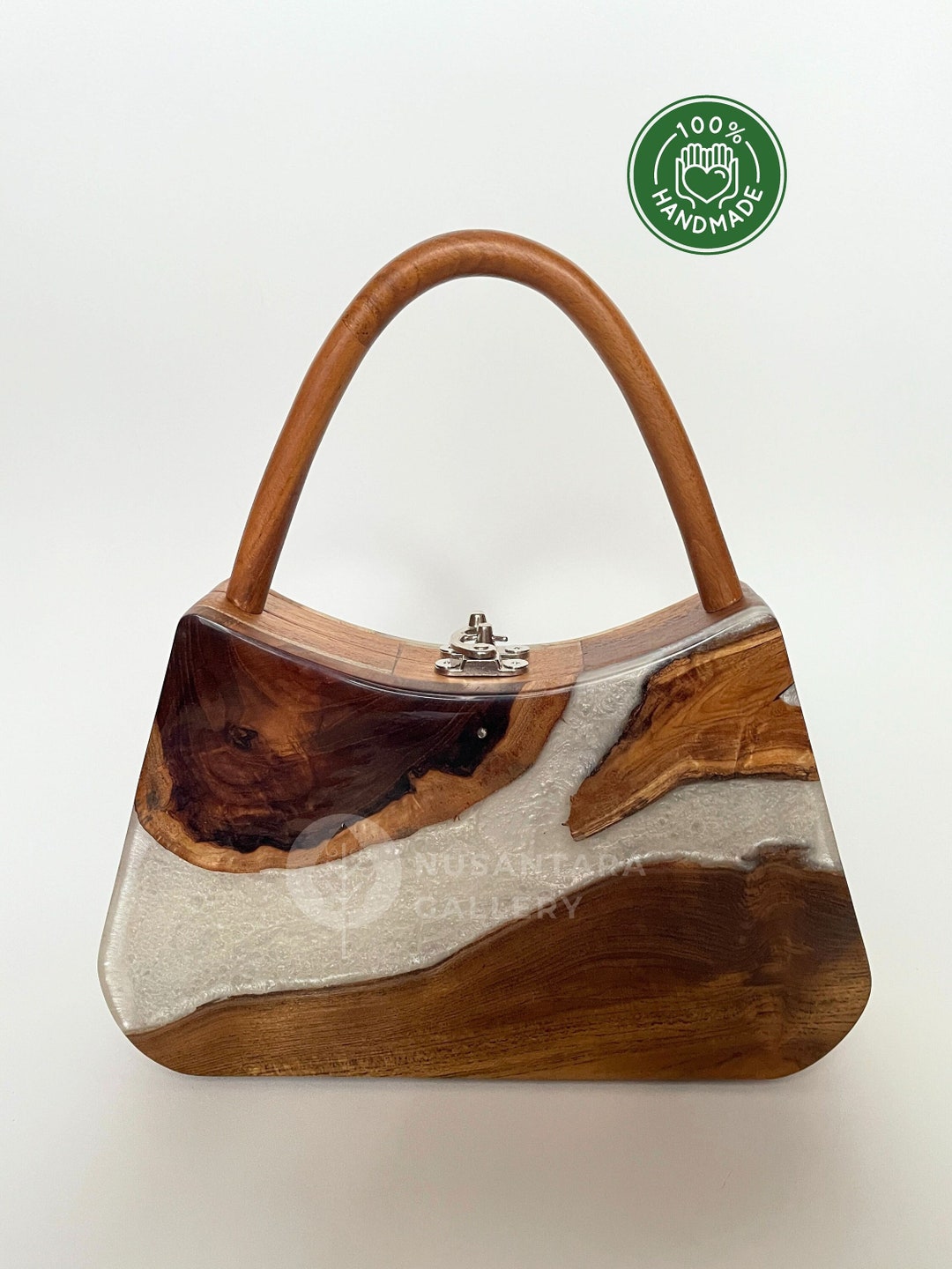 Nusantara Armora Teakwood Top Handle Bag, Handmade Wooden Handbag Mixed ...