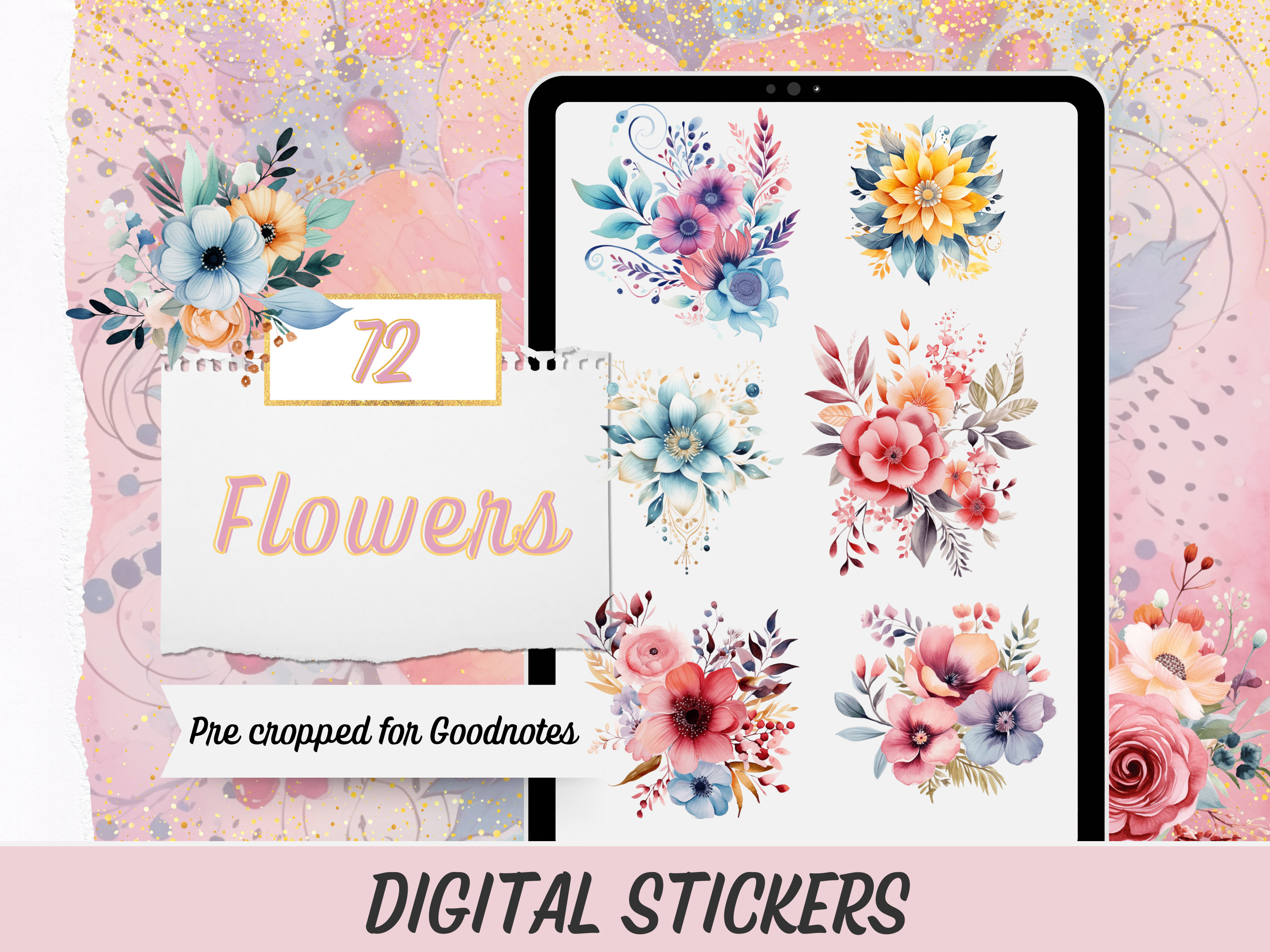 72 Flowers Digital Stickers, Aesthetic Floral Digital Sticker Pack ...
