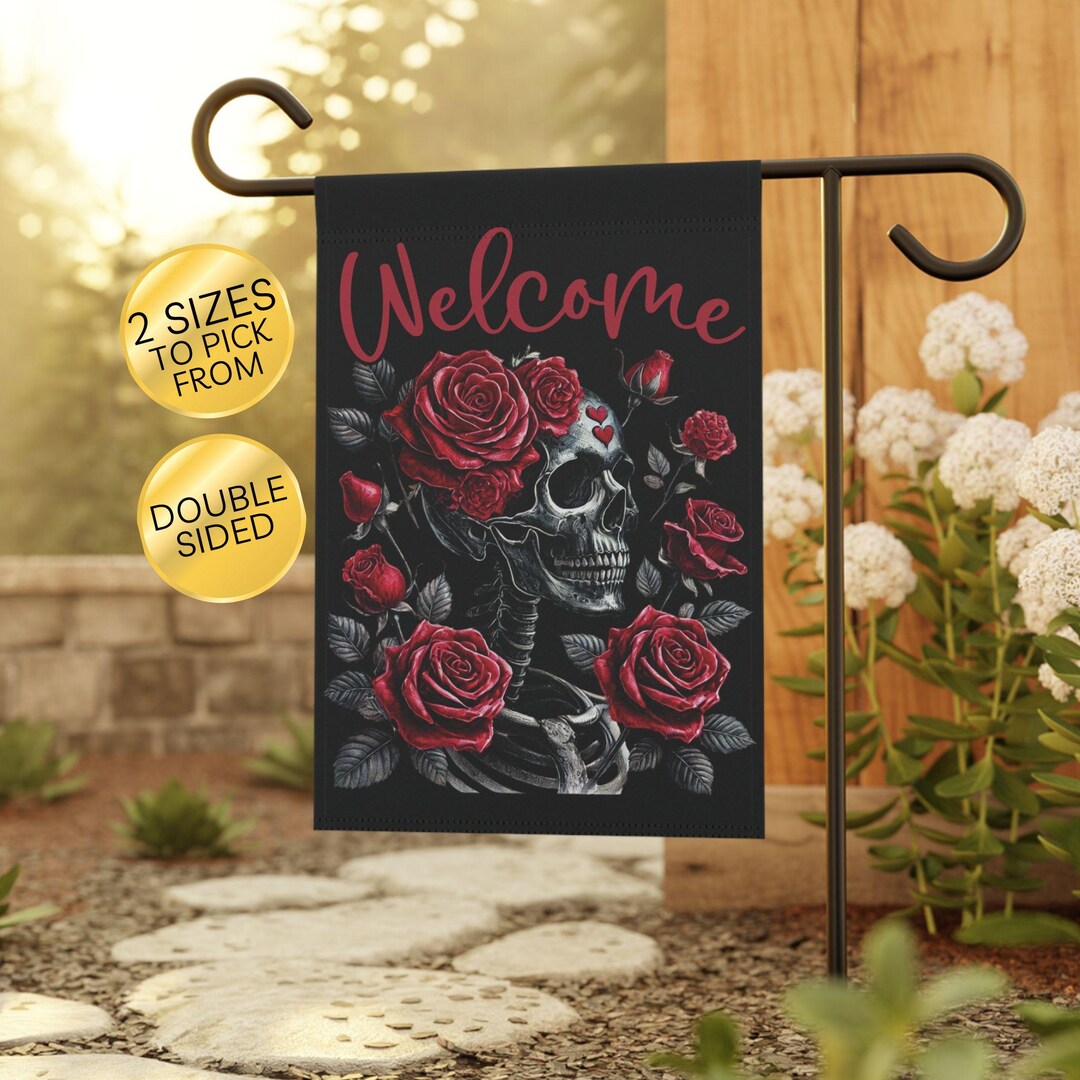 Garden Flag, Gothic Rose Yard Sign, Welcome Porch Decor, Goth Skeleton ...