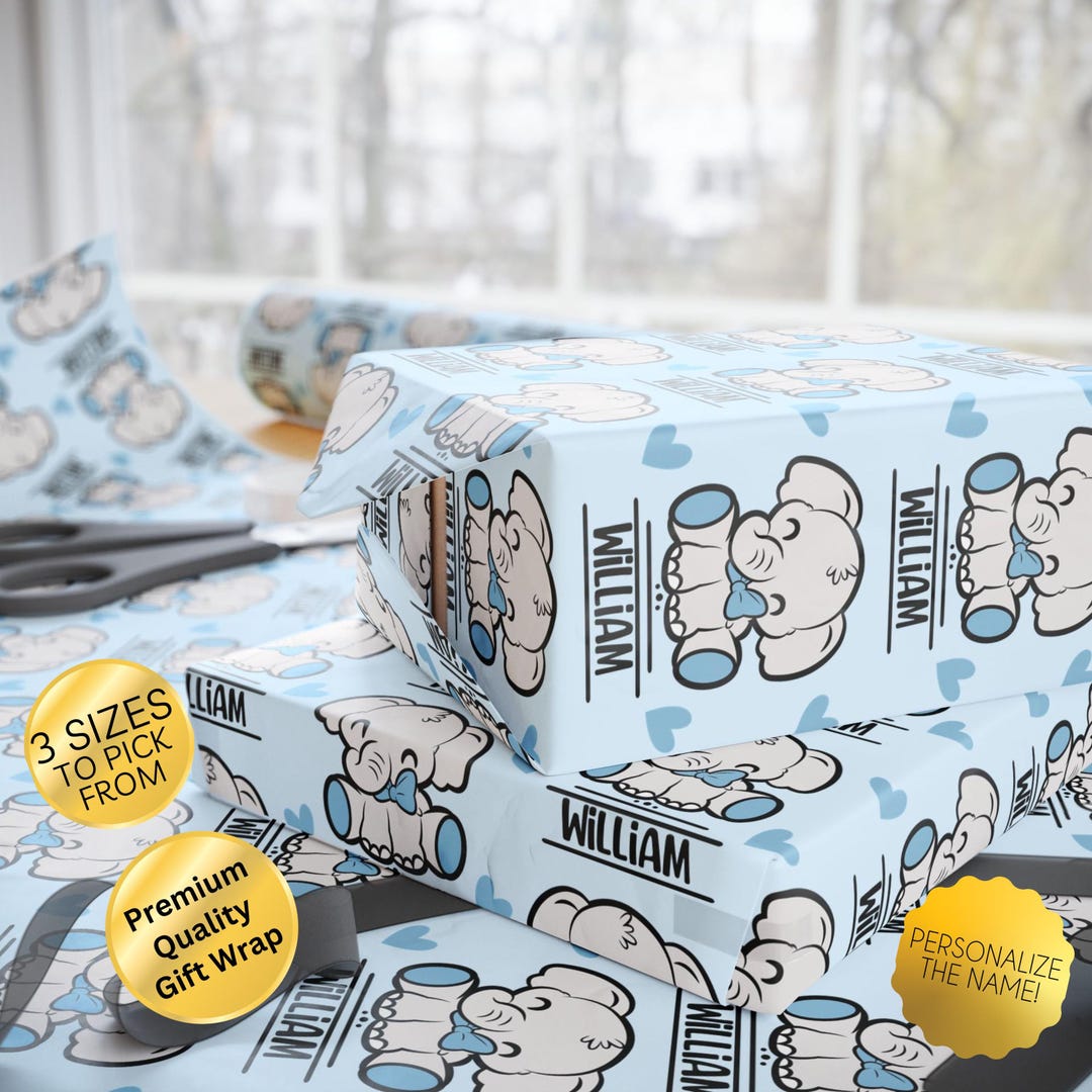 Gift Wrap, Personalized Baby Boy Wrapping Paper, Custom Name Wrap, Blue ...