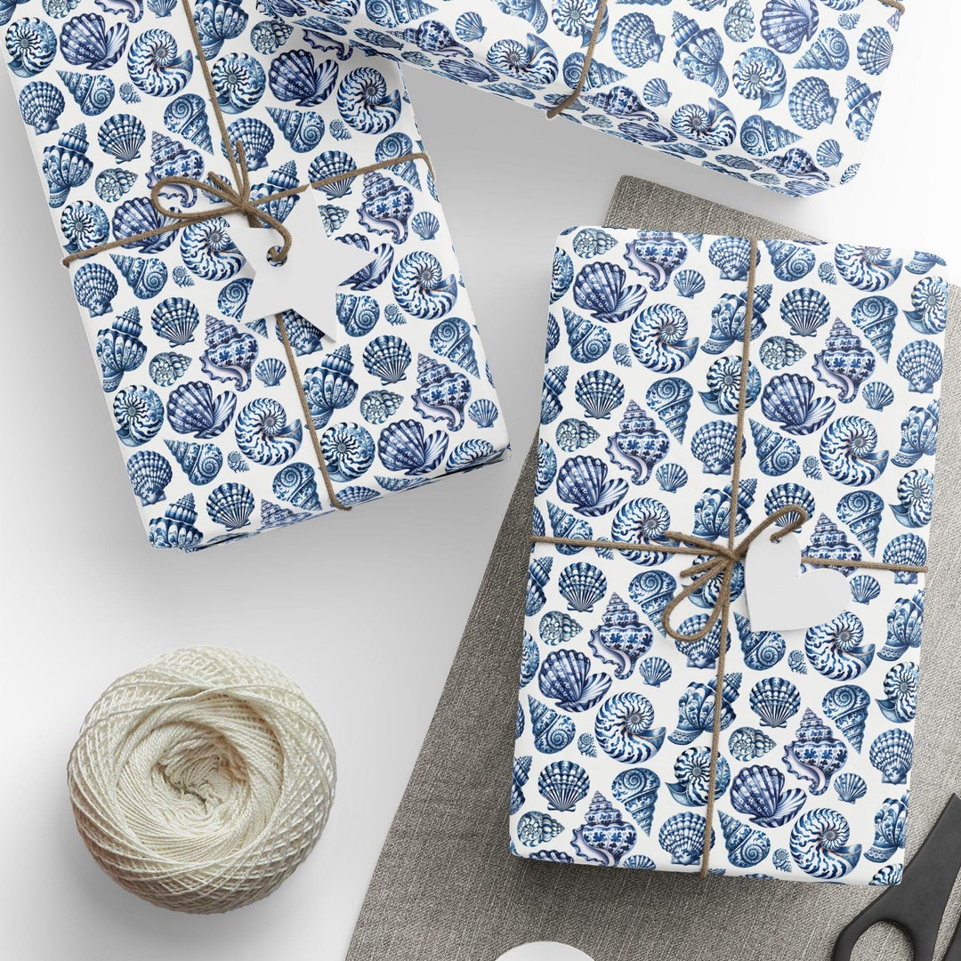 Wrapping Paper, Elegant Blue Sea Shell French Toile Gift Wrap, Vintage ...