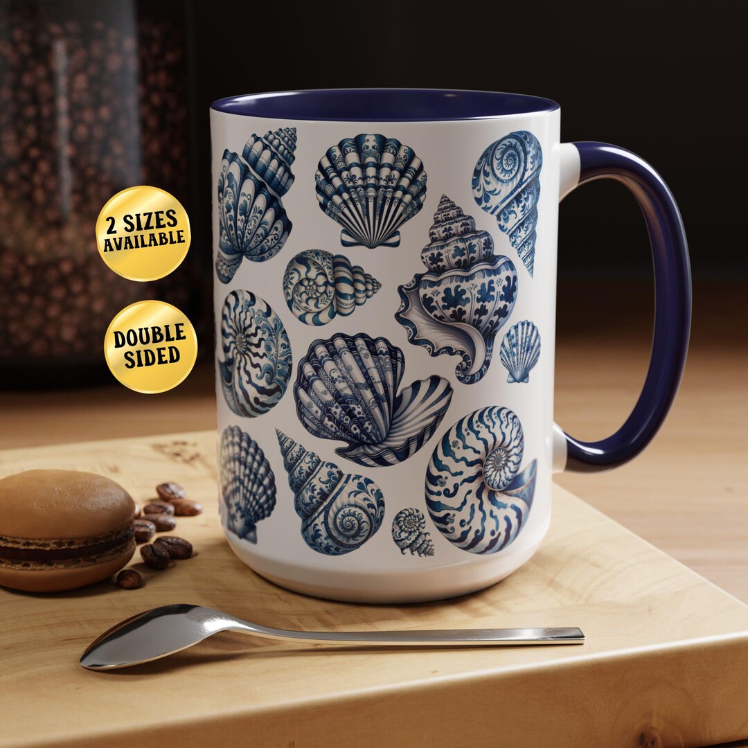 Mug, Blue French Toile Sea Shell Coffee Mug, Elegant Shell Cup, Vintage ...