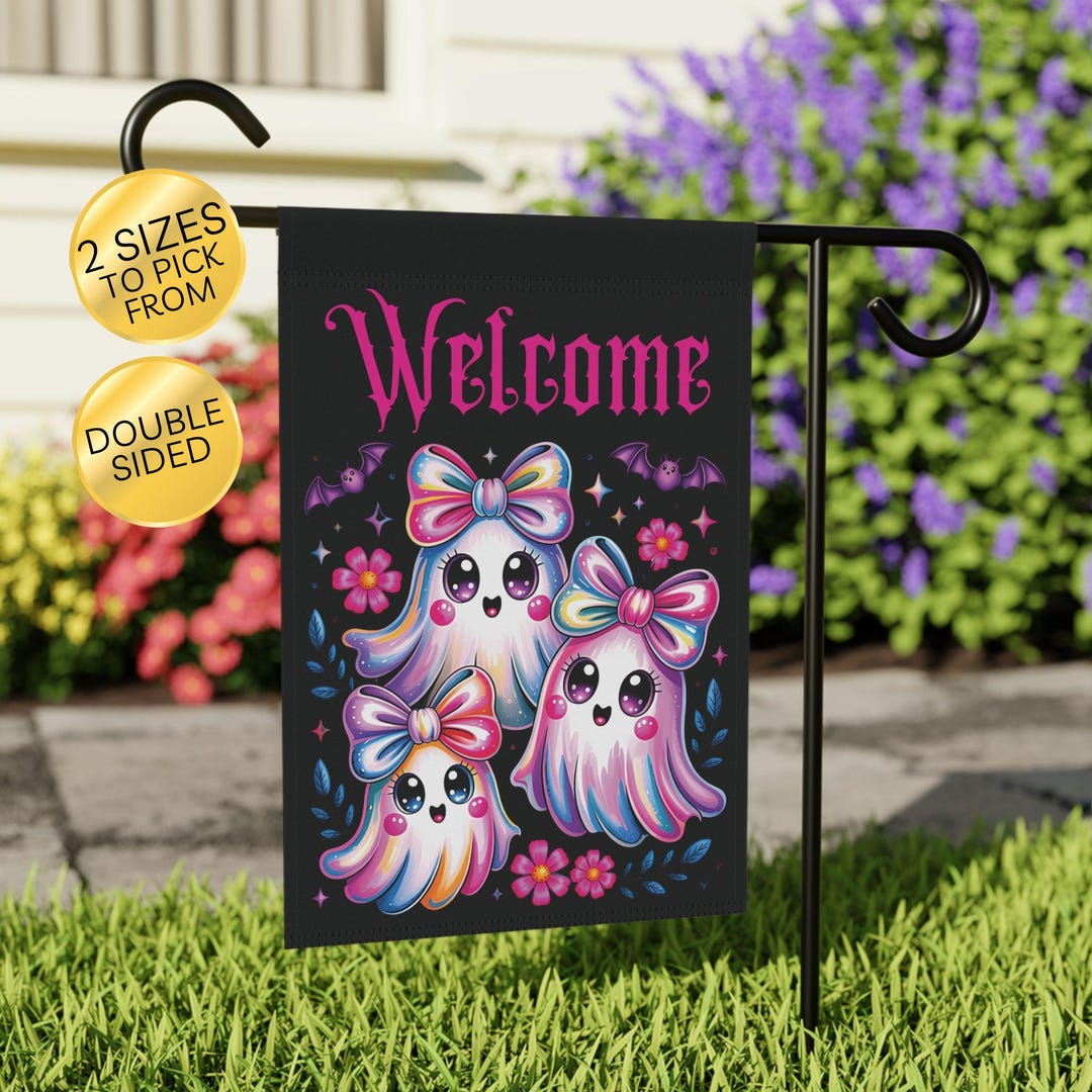 Pink Halloween Welcome Flag: Vintage Ghost, Floral Fall Garden Banner ...