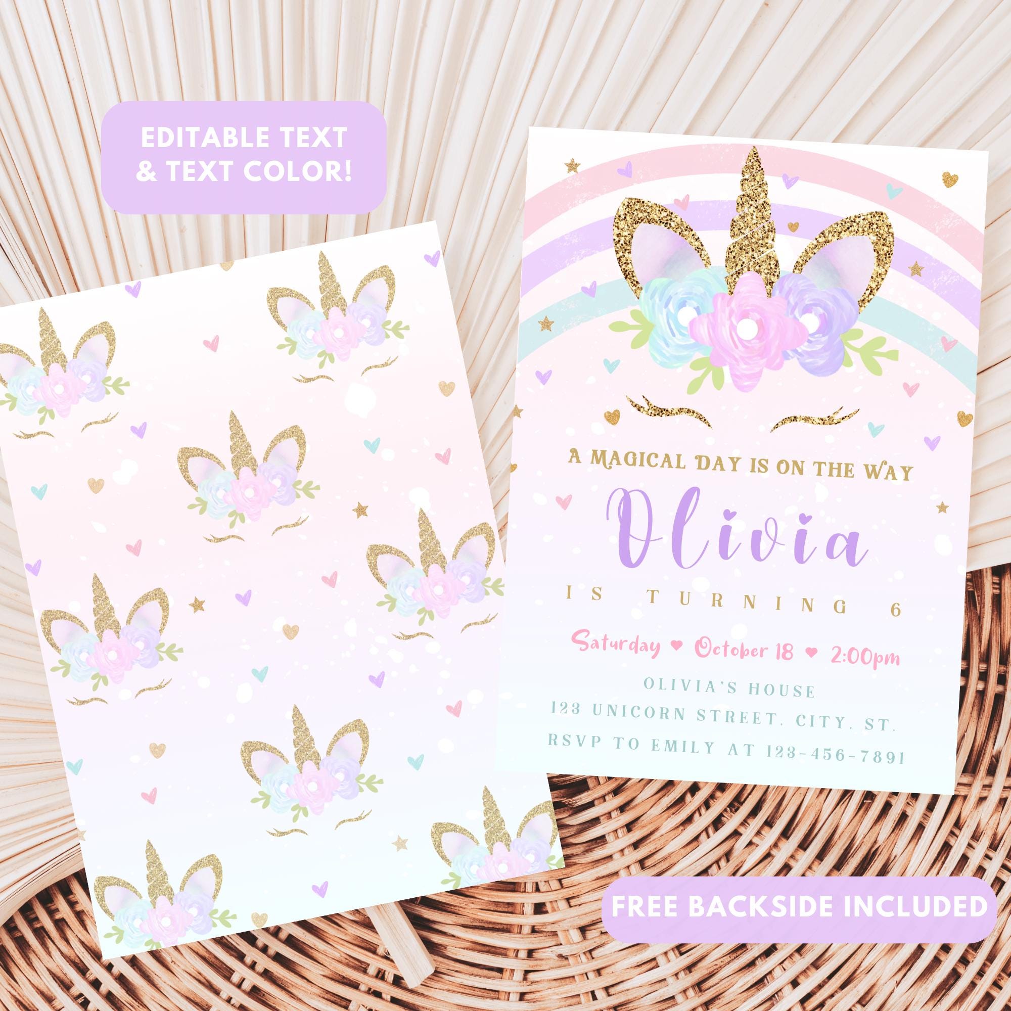 Unicorn Birthday Invitation Rainbow Unicorn Party Invite Gold Floral ...