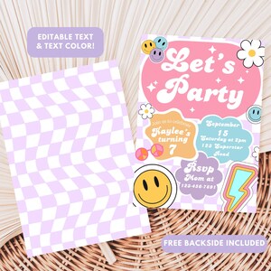 Editable Let's Party Checkered Invitation Retro Groovy Birthday Party ...