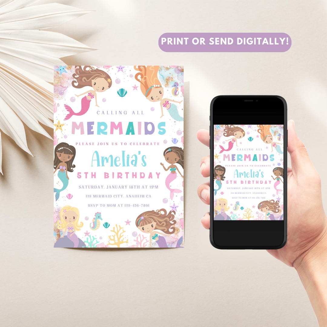 Calling All Mermaids Pastel Invite | Mermaid Birthday Template | Under ...