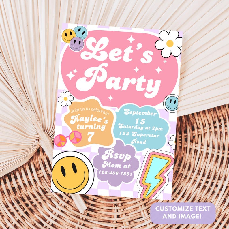 Editable Let's Party Checkered Invitation Retro Groovy Birthday Party ...