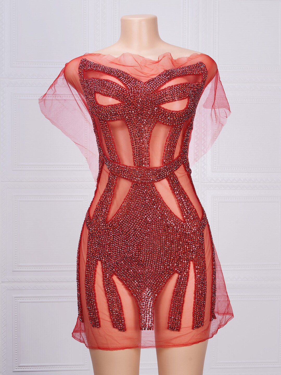 Handmade Red Rhinestone Bodice Applique for Women's Dresses, Full Heavy Patch Trim for Bridal ...