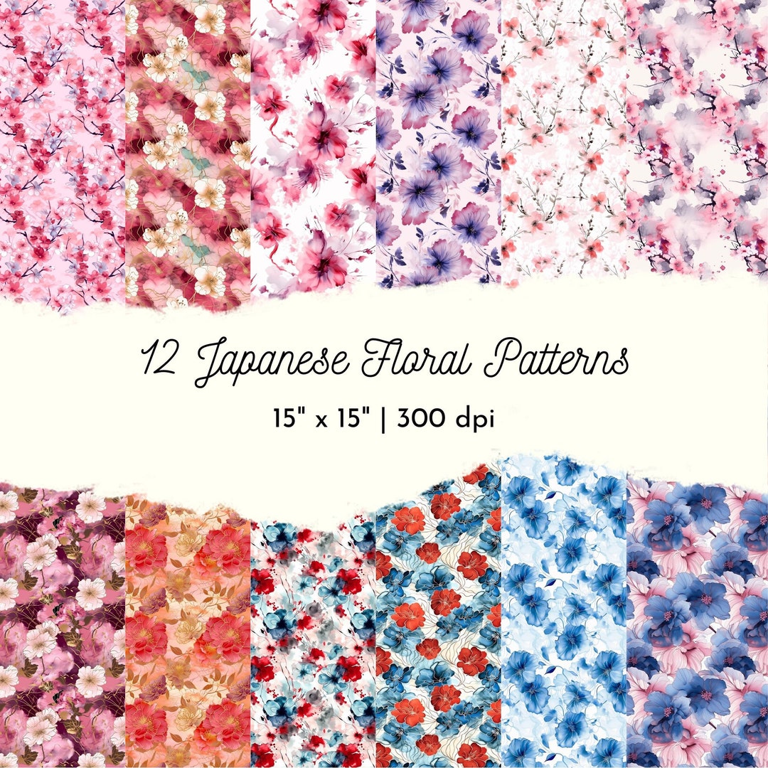 12 Digital Japanese Floral Pattern Design Pack | Pink, Blue and Red ...