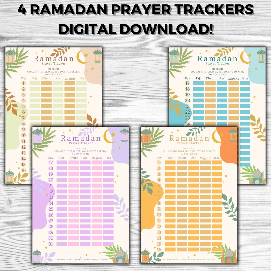 4 Printable Ramadan Prayer Trackers, Islamic BOHO, Muslim Planner ...