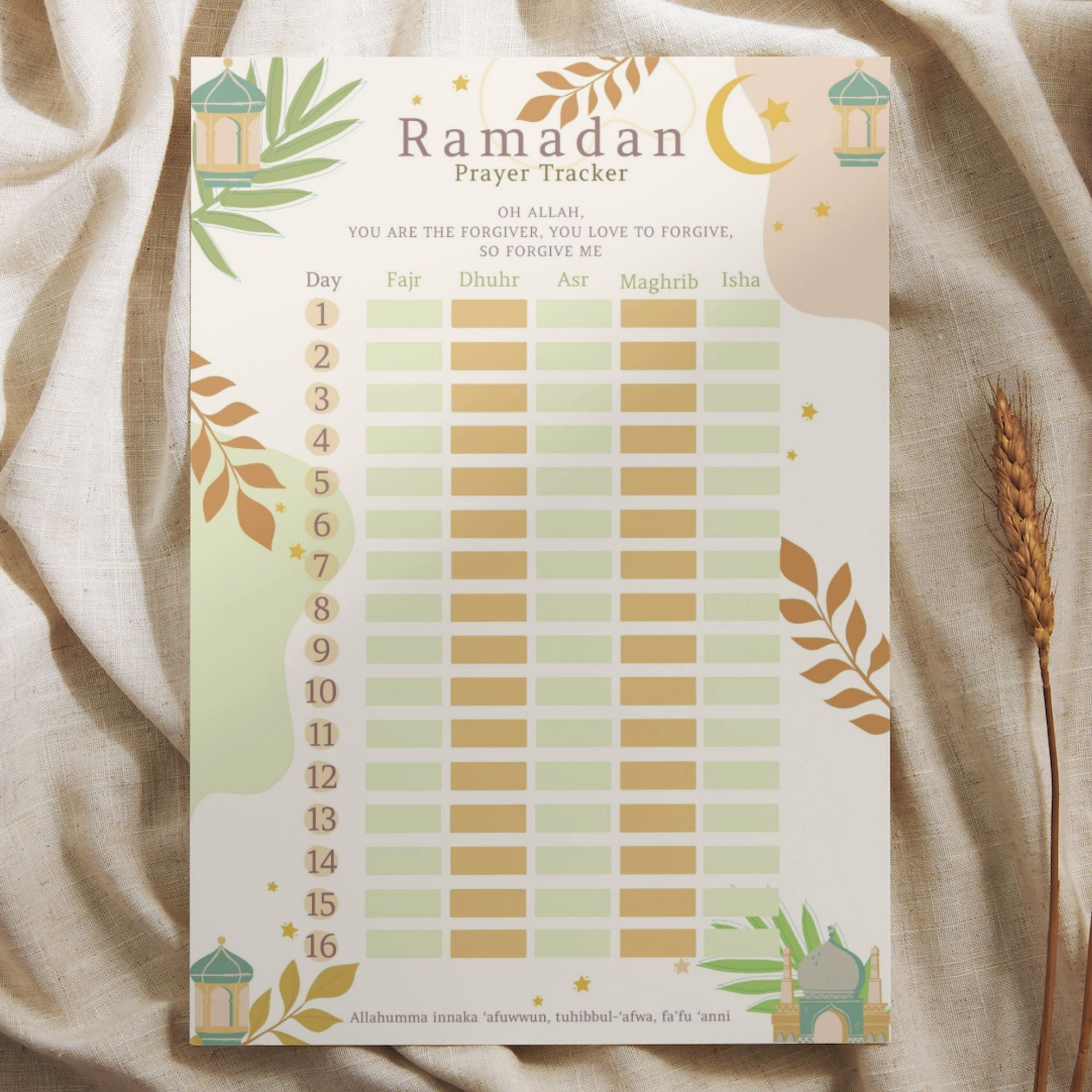 Printable Ramadan Prayer Tracker, Islamic BOHO, Muslim Planner, Muslim ...