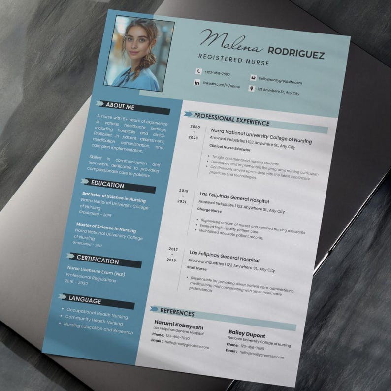 Editable Nurse Resume Template With Photo, Elegant Blue Nurse Cover ...