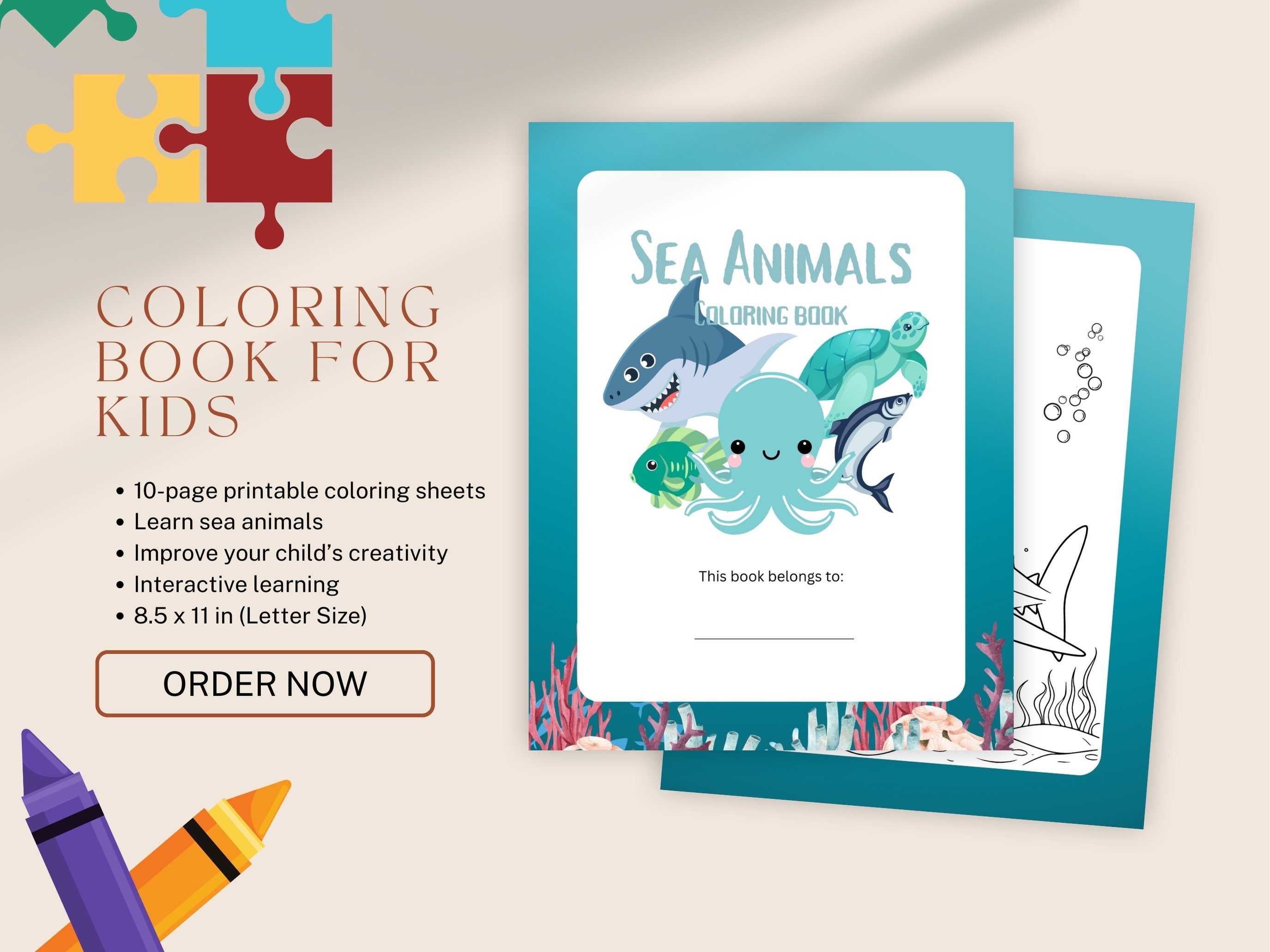 Printable Sea Animals Coloring Book for Kids 10 Pages of Educational ...