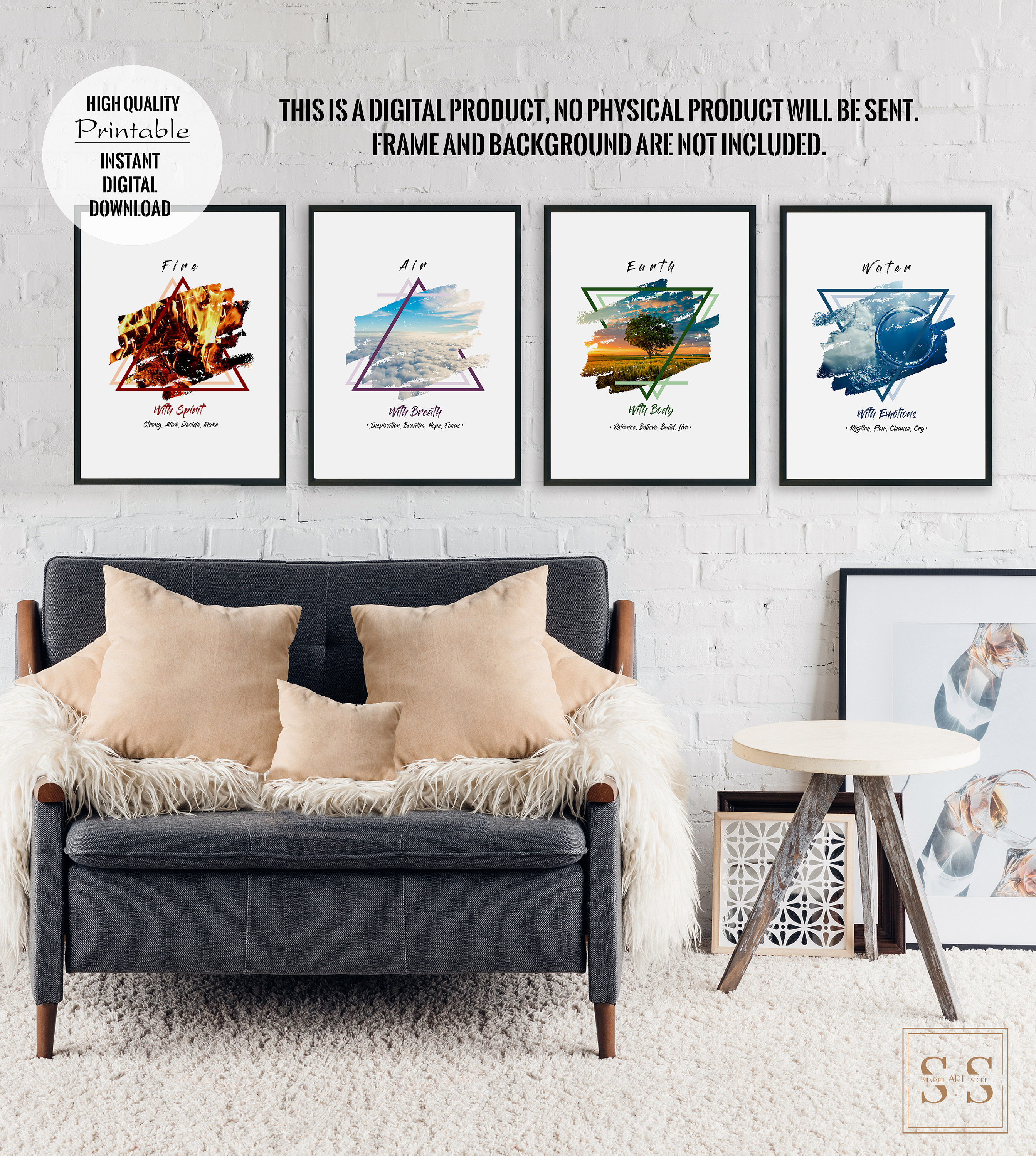 Four Elements Wall Art Set of 4, Water, Air, Earth, Fire, 4 Elements ...