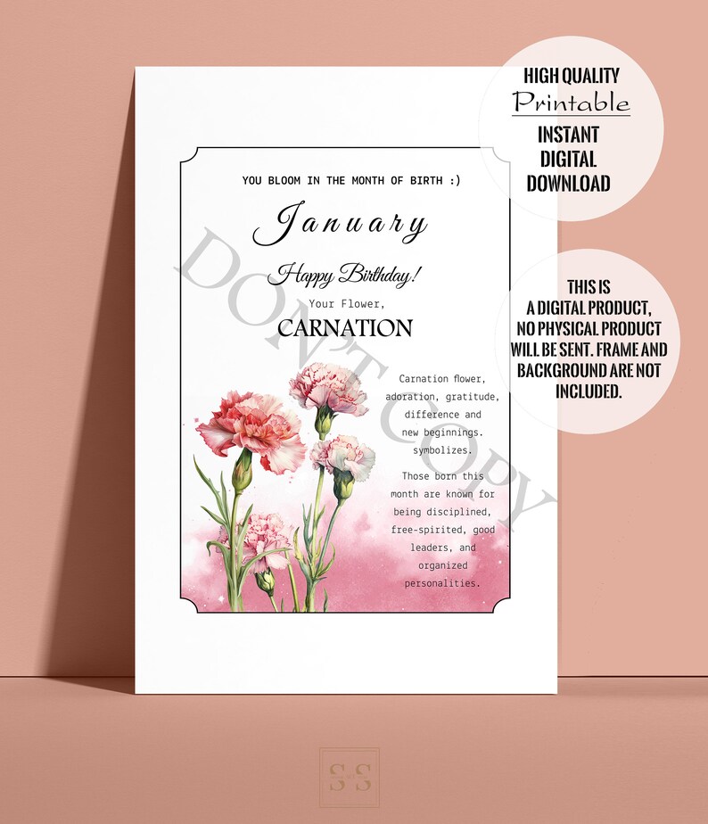 Birth Month Flower Digital Wall Art, Born in January Month Flower ...