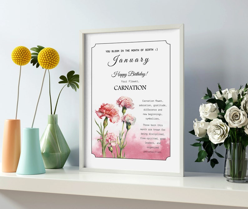 Birth Month Flower Digital Wall Art, Born in January Month Flower ...
